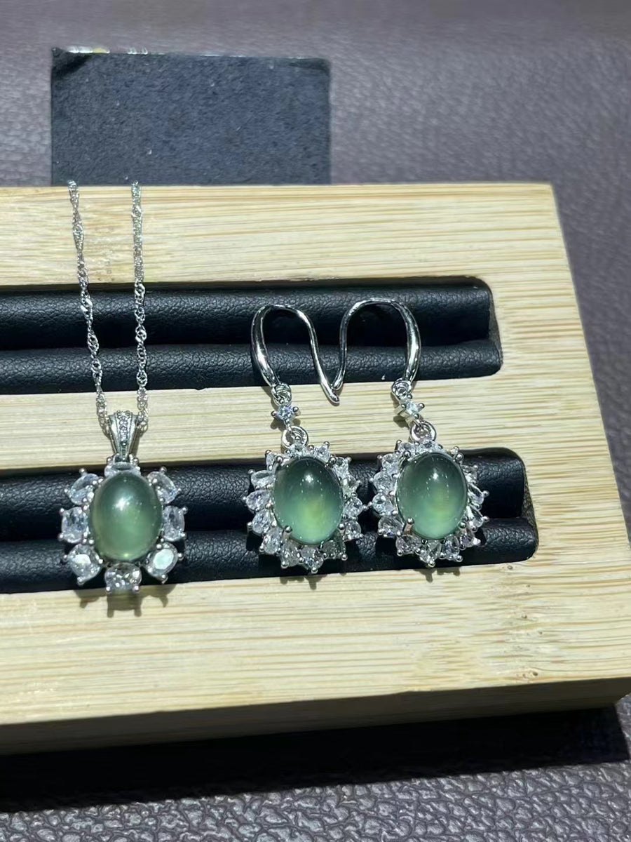 Set Es Tinggi Giok Cui Alami dalam 925 Perak Ukuran 10 * 8mm Giok bers ...