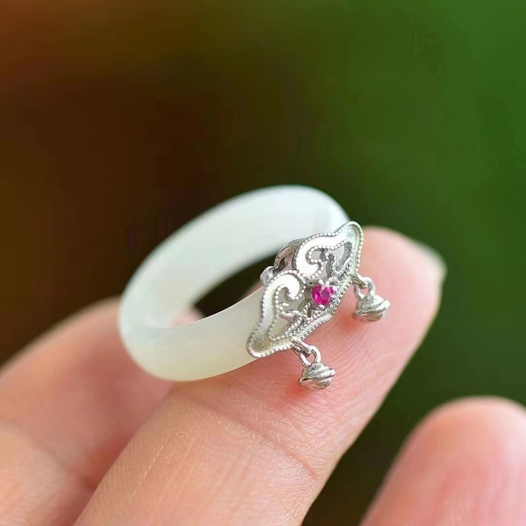 Cincin Giok Hetian 925 perak bertatahkan perak dengan gaya yang unik d ...