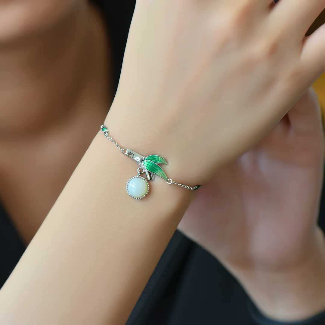 🎋🎋🎋8266#925 Gelang Pesona Bambu Giok Hetian Bertahtakan Enamel Perak ...