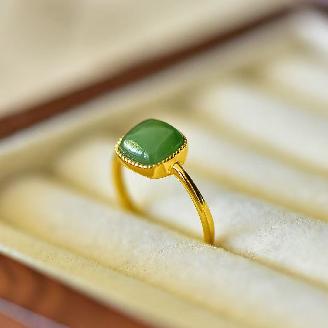 925 Perak dengan Hetian Jade Jasper persegi muka drum cincin perak pol ...