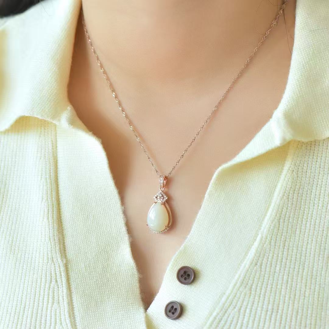 925 Perak dengan liontin Giok Hetian (12 * 16) Tetesan Air (Rose Gold ...
