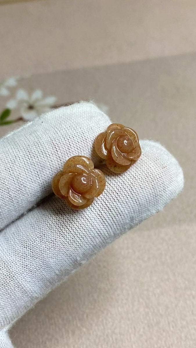 Anting-anting Bunga Giok Cui Giok Mawar Alami yang terbuat dari perak ...